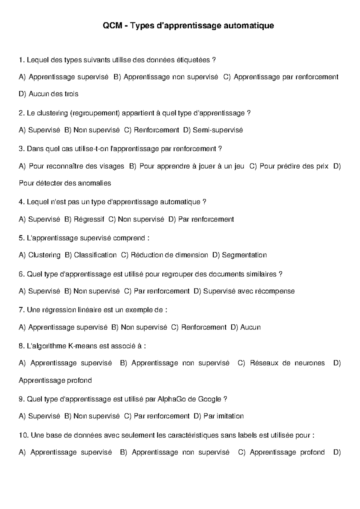 QCM Types Apprentissage Machine Learning - Questions et Réponses - Studocu