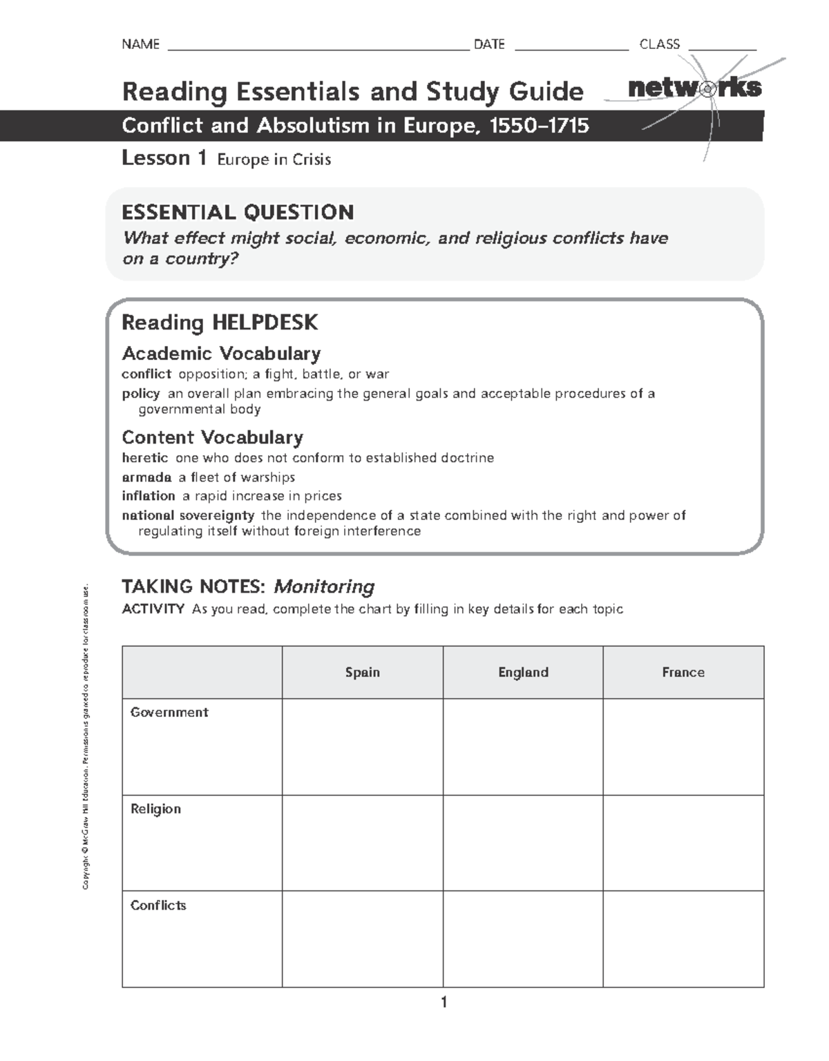 Conflict and Absolutism in Europe: Lesson 1 Study Guide (1550-1715 ...