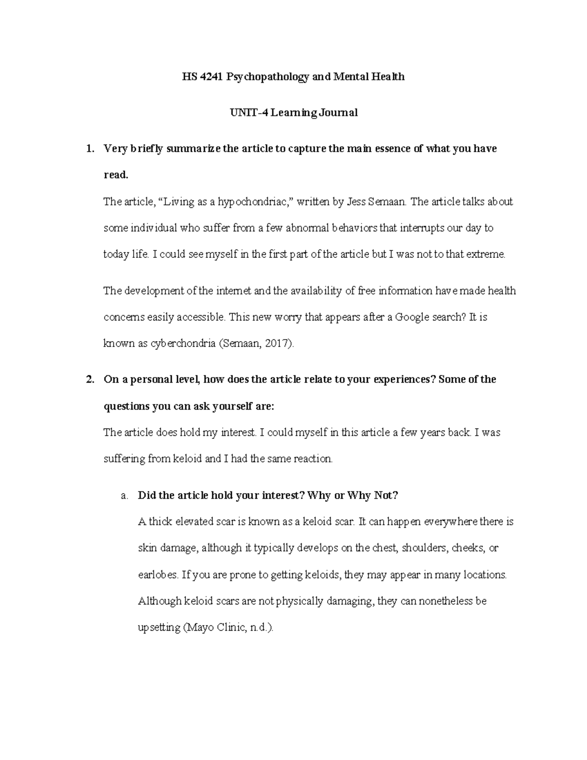 HS 4241 UNIT-4 Learning Journal - HS 4241 Psychopathology and Mental ...