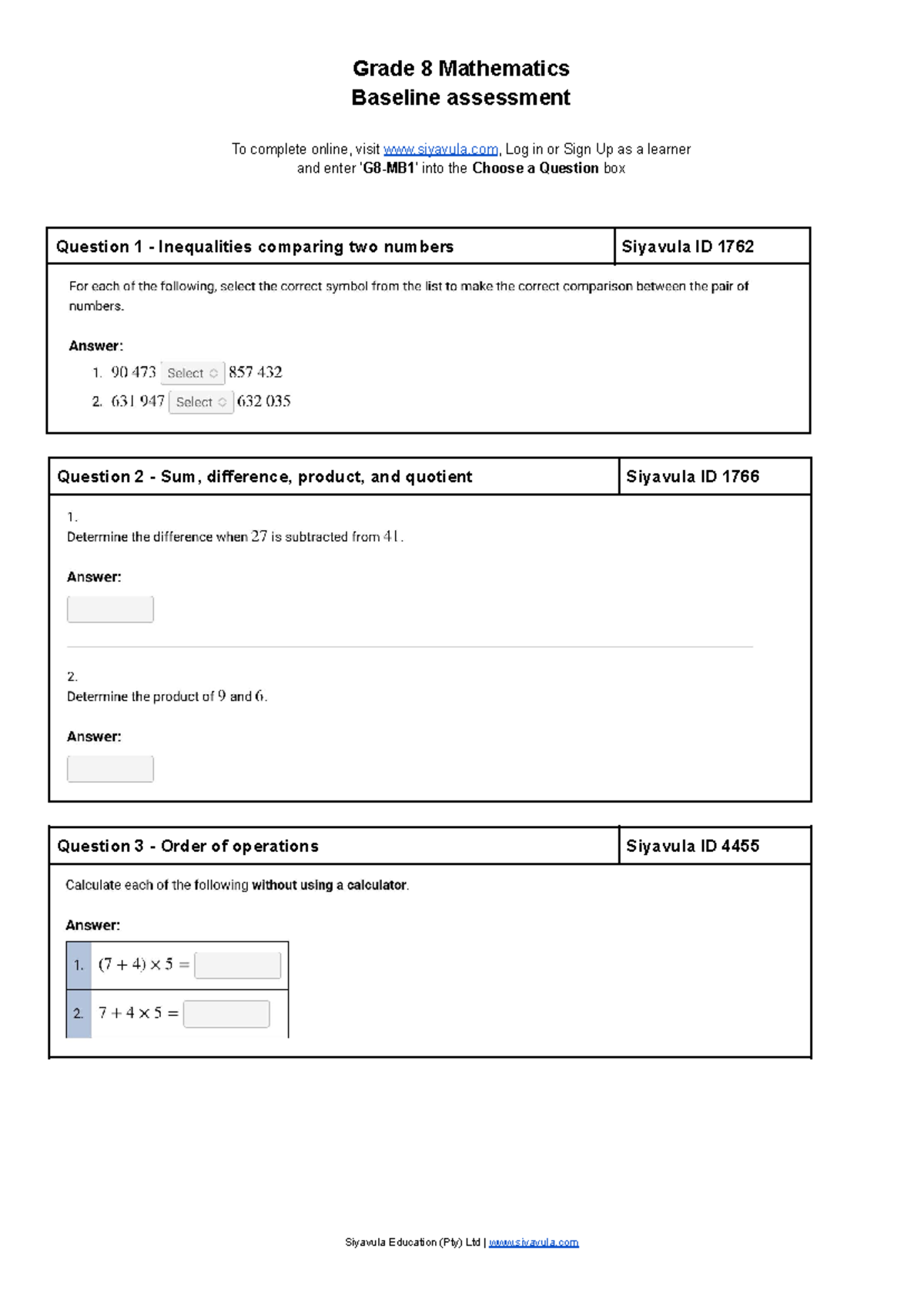 Grade 8 Math Online Baseline Assessment - Siyavula Printout - Studocu