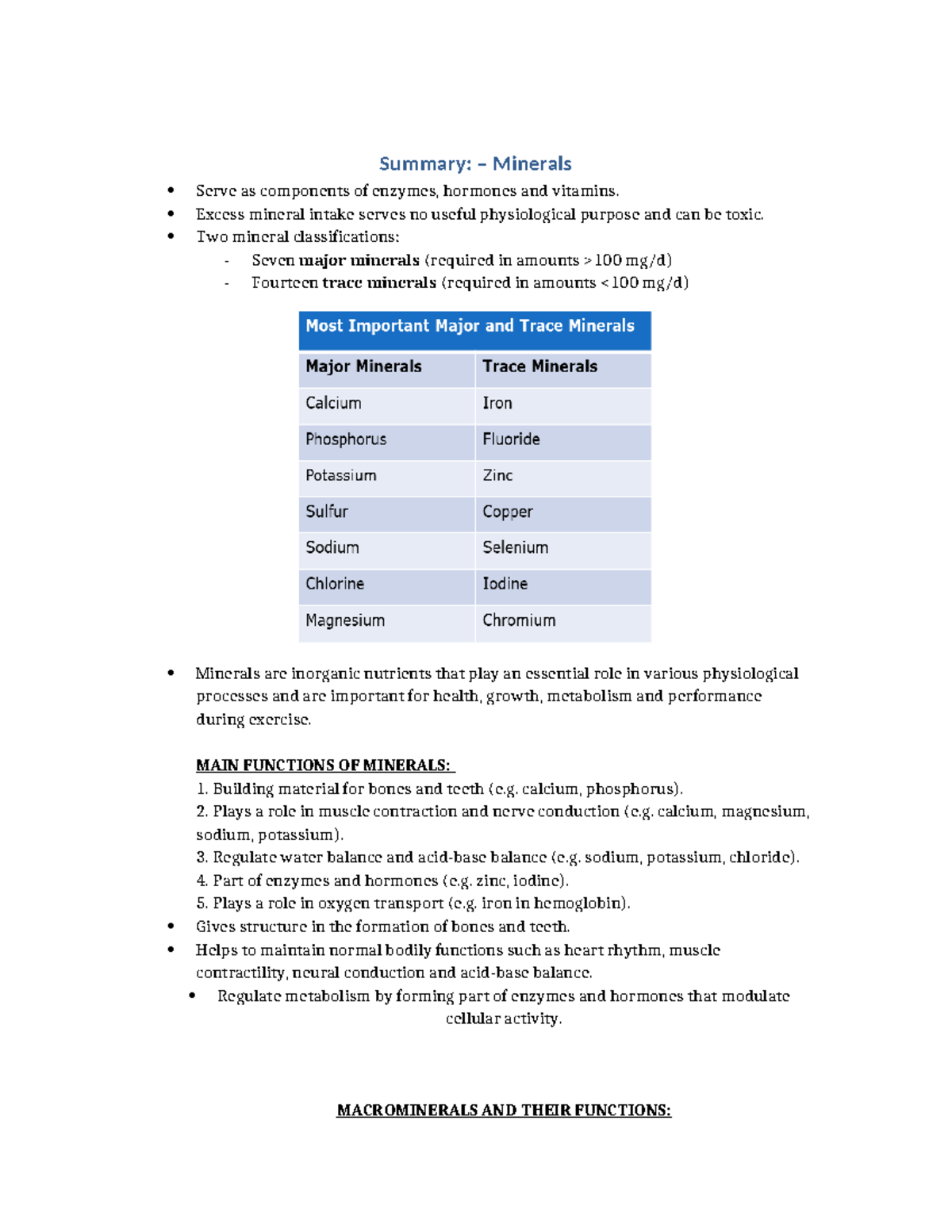 HMSE121 Summary: Essential Functions and Roles of Minerals in Health ...