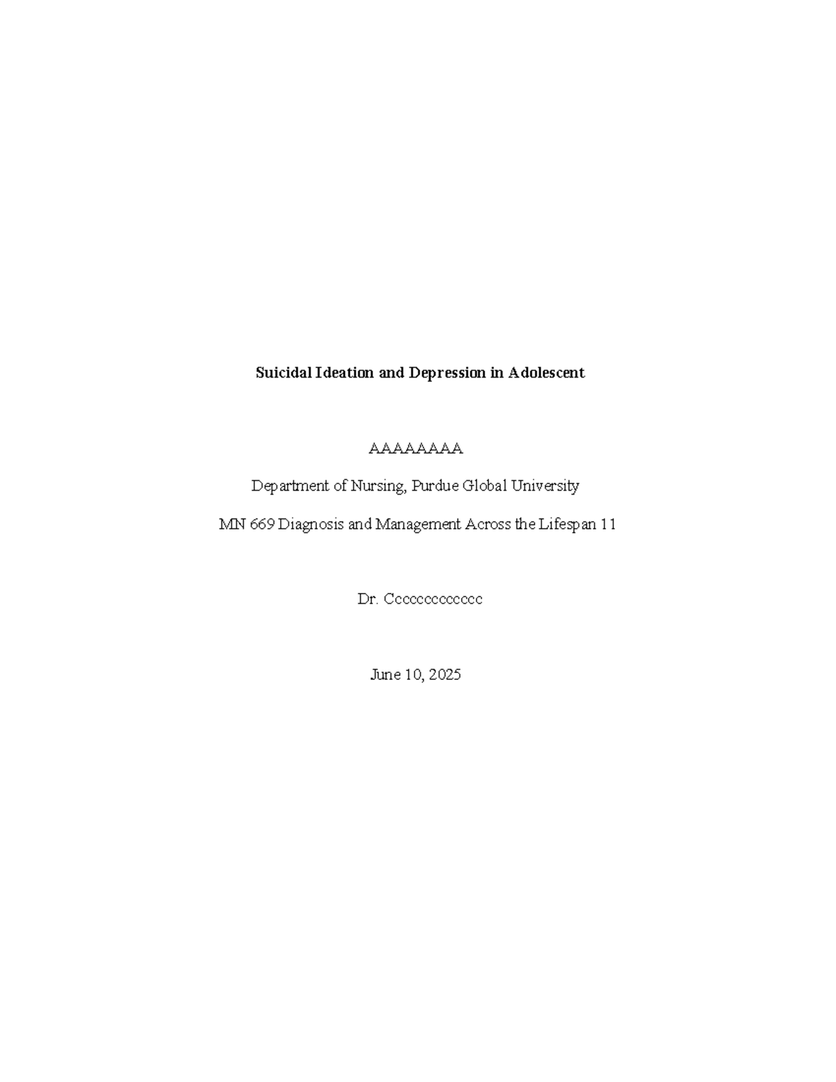 MN 669 - Comprehensive SOAP Note: Initial Evaluation of Adolescent ...