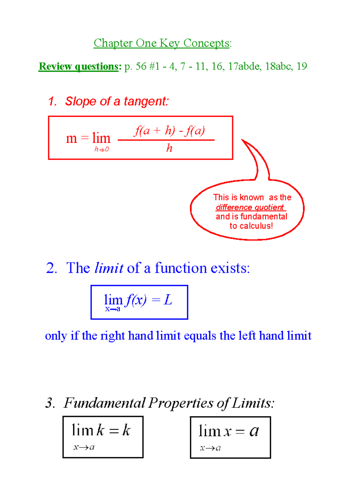 CH 1 Review: Key Concepts and Limit Questions in Calculus - Studocu