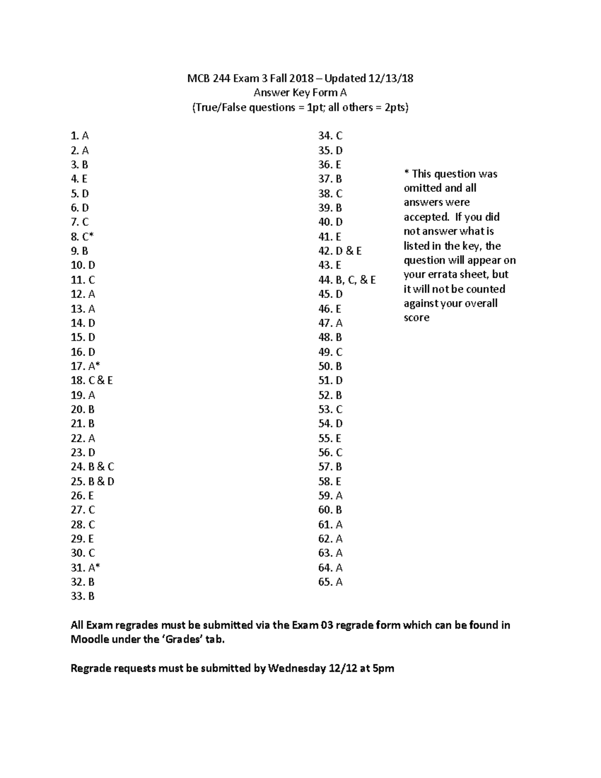 MCB 244 Exam 3 Answer Key (Fall 2018) - Forms A & B - Studocu