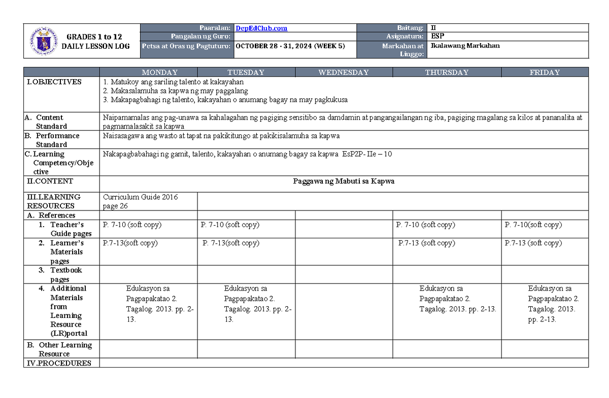 DLL ESP-2 Q2 W5 - Daily Lesson Log for ESP Week 5 - Studocu
