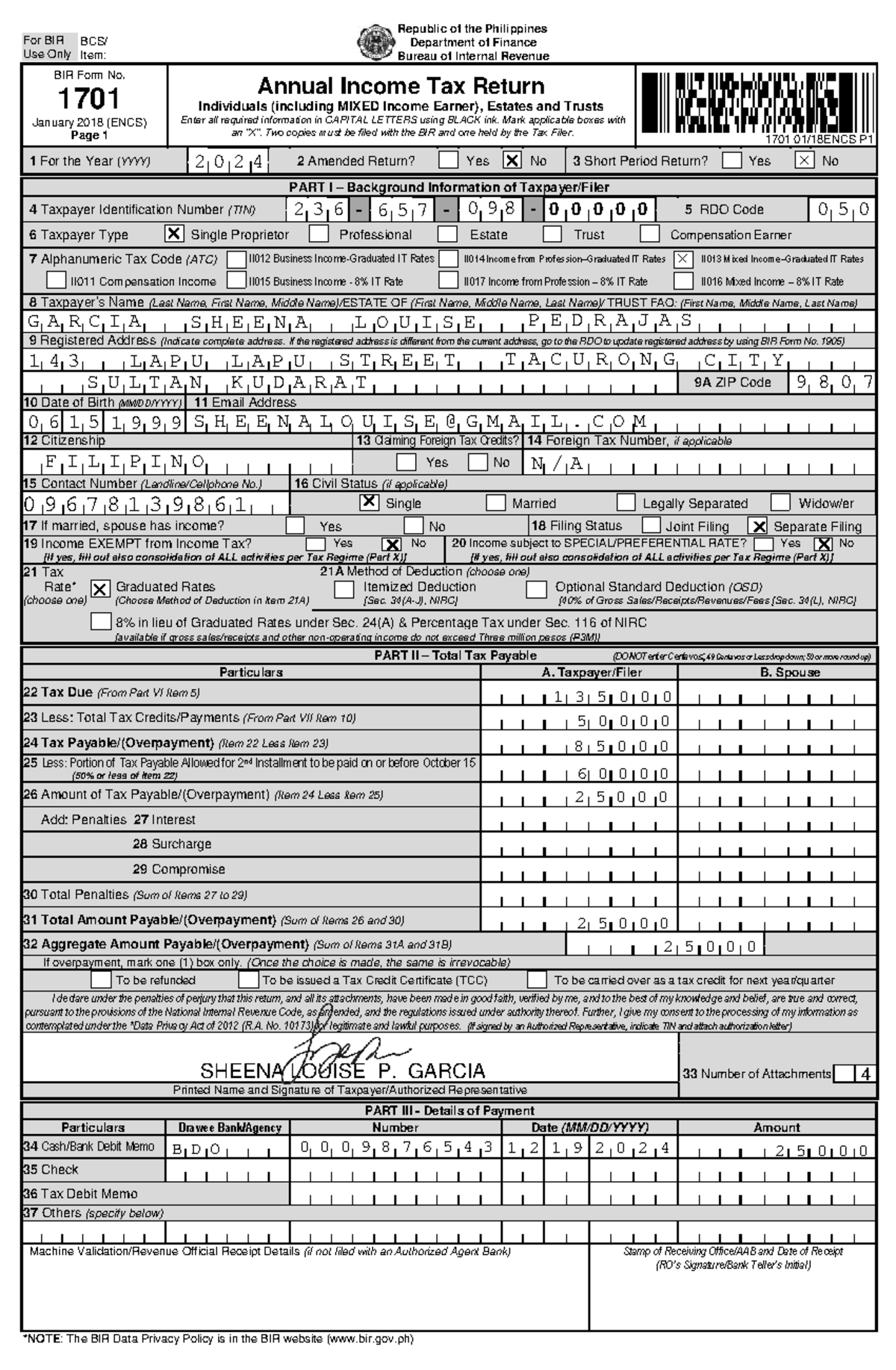 BIR Form No. 1701 Annual Income Tax Return for Individuals (2024) - Studocu