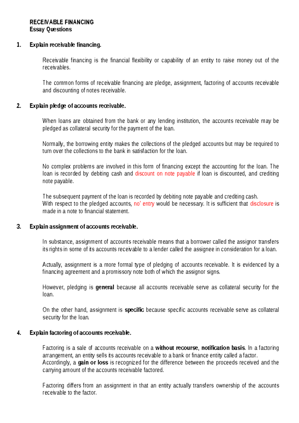 RECEIVABLE FINANCING Essay Questions and Explanations - Studocu