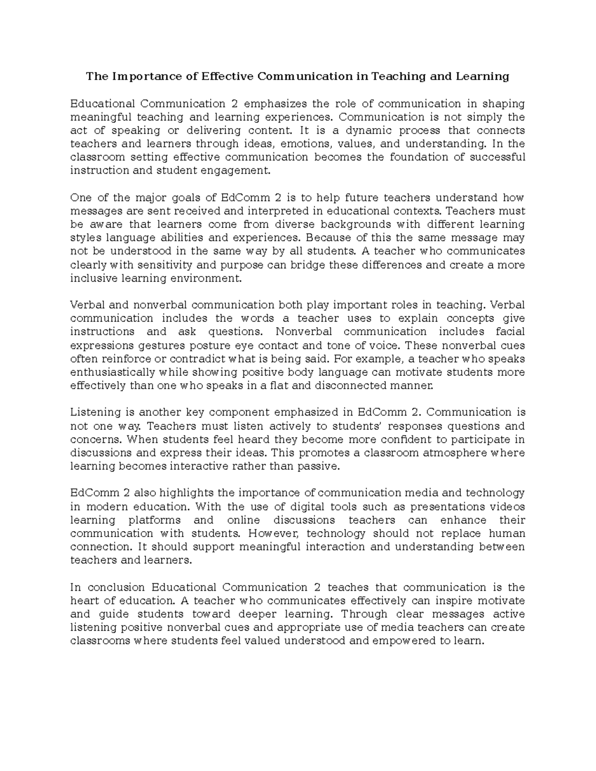 EdComm 2: The Role of Effective Communication in Teaching - Studocu