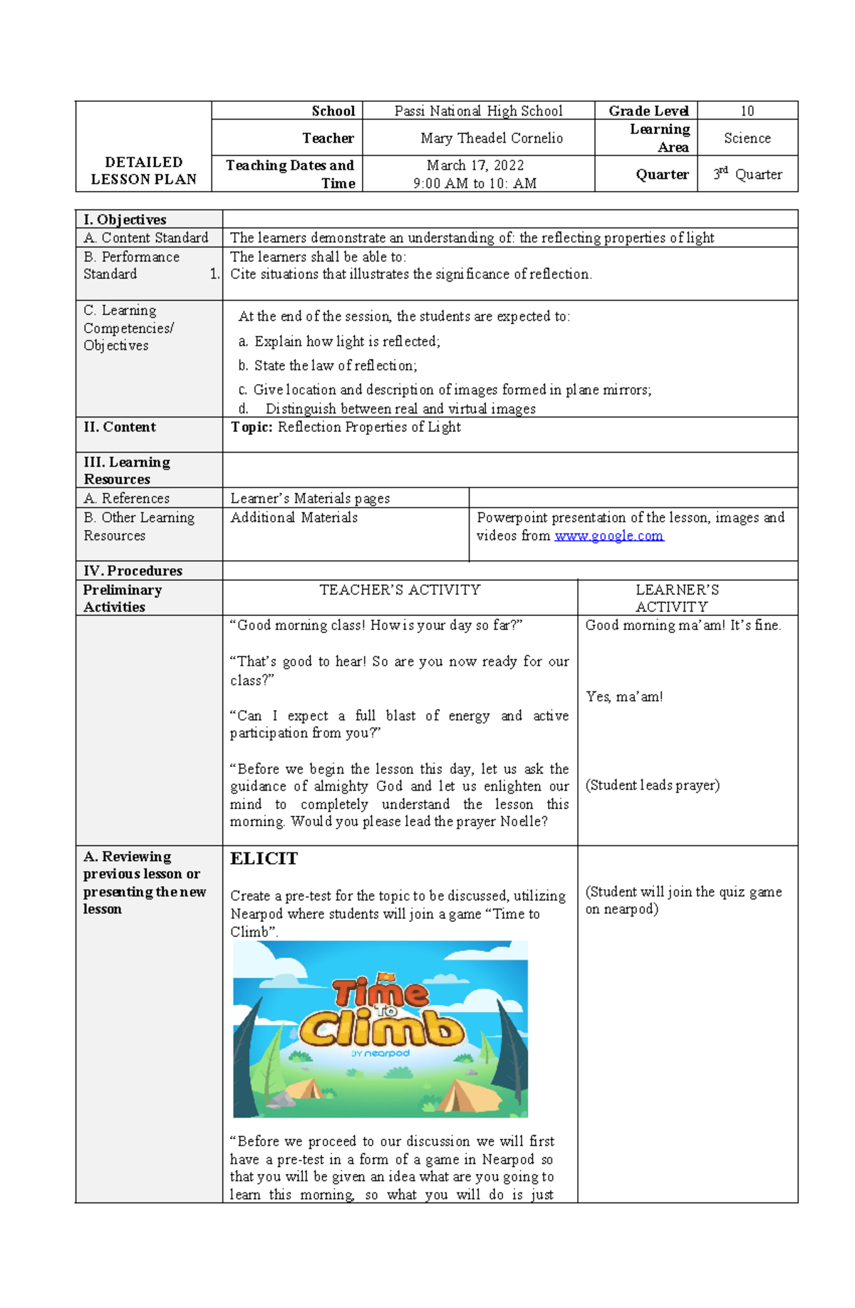 Reflection Lesson Plan: Properties of Light for Grade 10 Science - Studocu