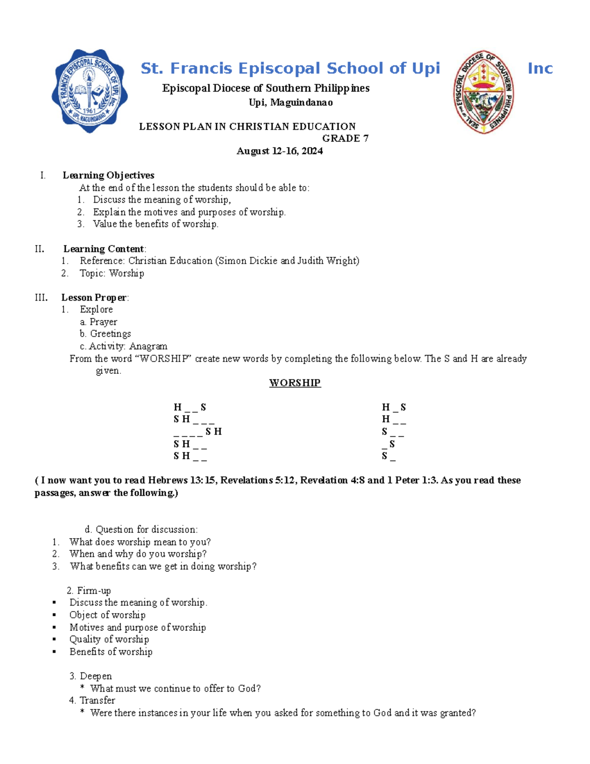 LPgrade 7 - Lesson Plan in Christian Education: Understanding Worship ...