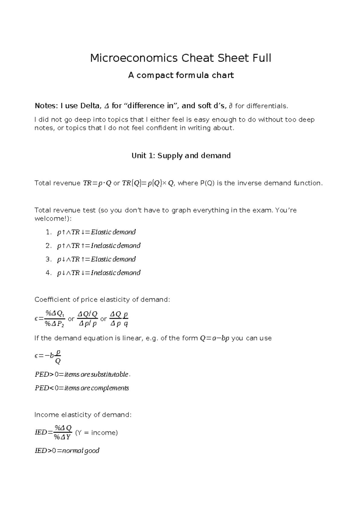 Microeconomics cheat sheet 1 - Microeconomics Cheat Sheet Full A ...