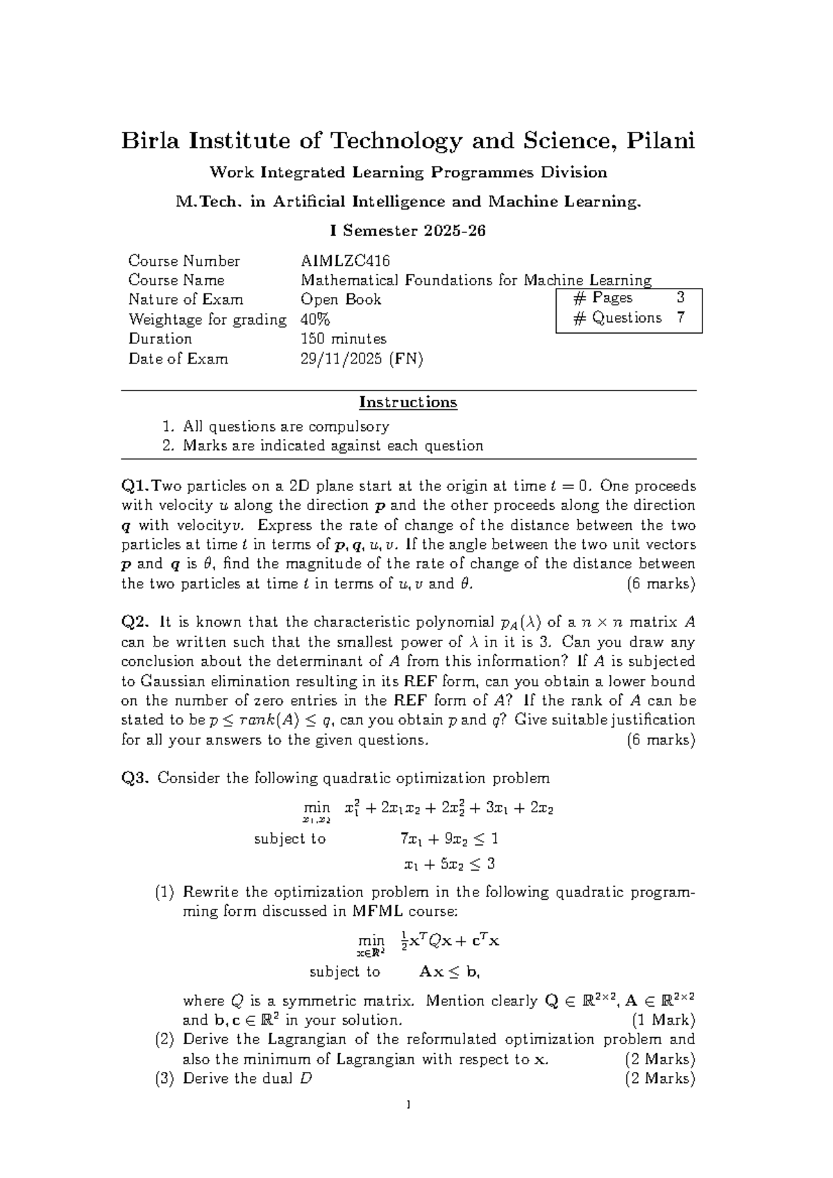 AIMLZC416 Final Exam: Mathematical Foundations for Machine Learning ...