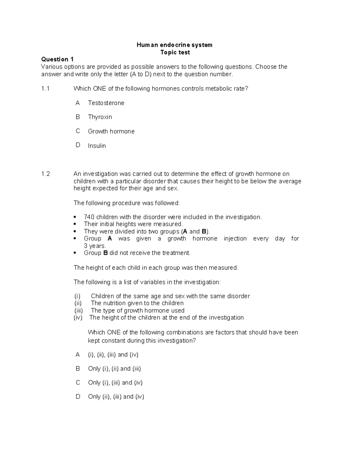 Human Endocrine System Topic Test (Final Exam) - Studocu