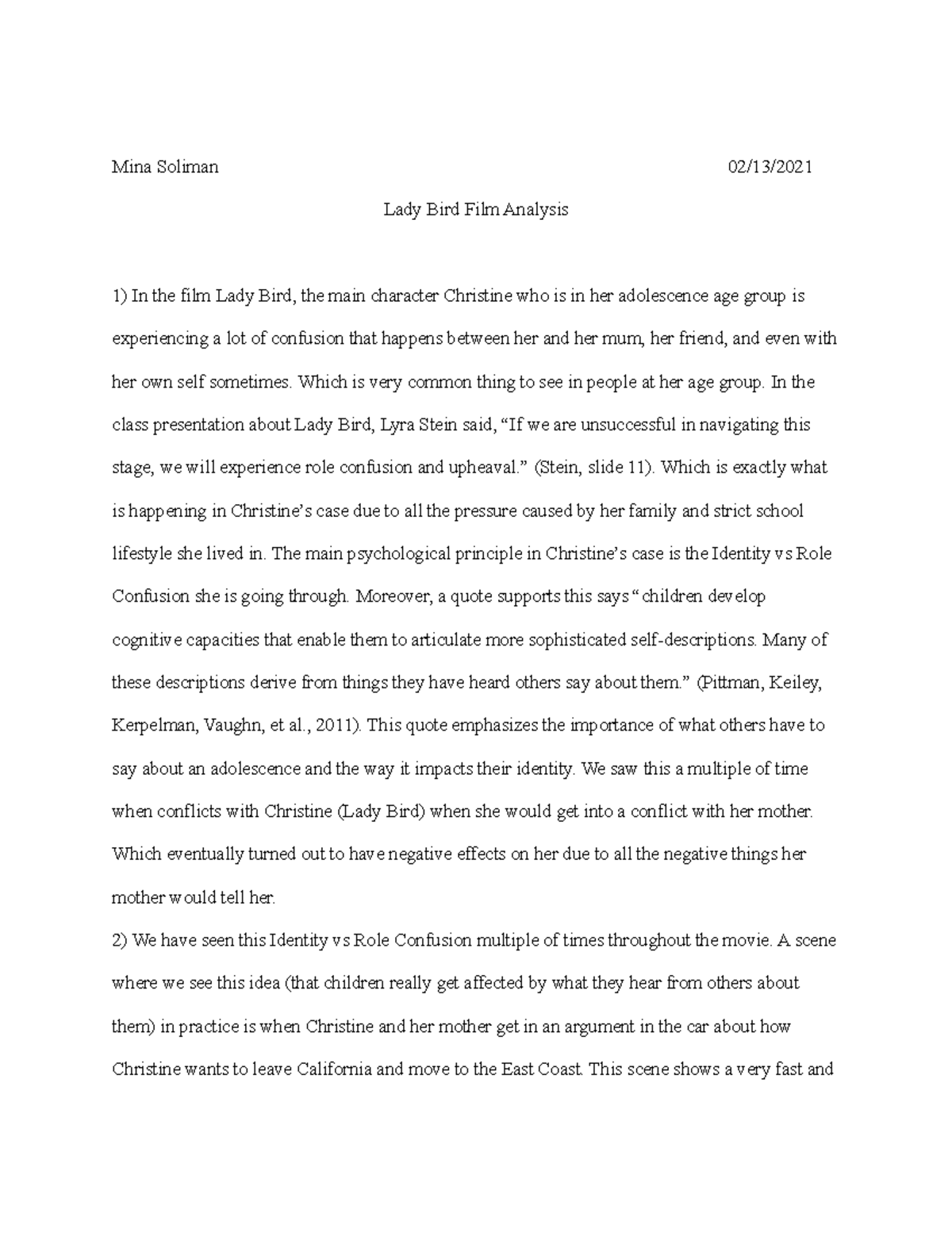 Film Analysis 1 - Lady Bird: Identity vs Role Confusion Insight - Studocu