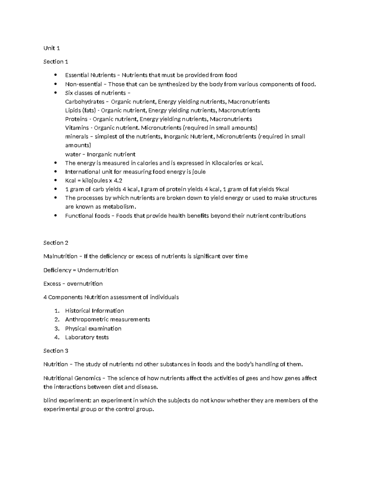 Unit 1 Notes: Essential Nutrients, Metabolism, and Malnutrition ...