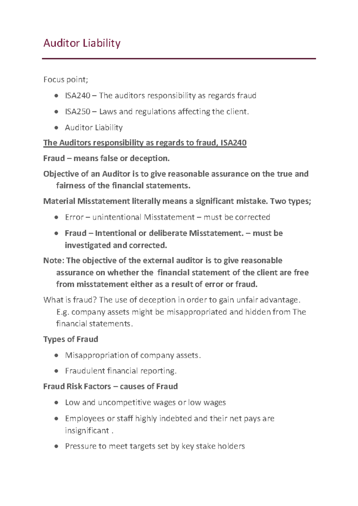 Auditor Liability-1 - Auditor Liability Focus point; ISA240 – The ...