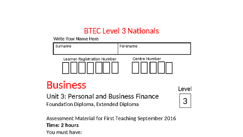 BTEC Level 3 Business Unit 3: Personal & Business Finance Exam Paper ...