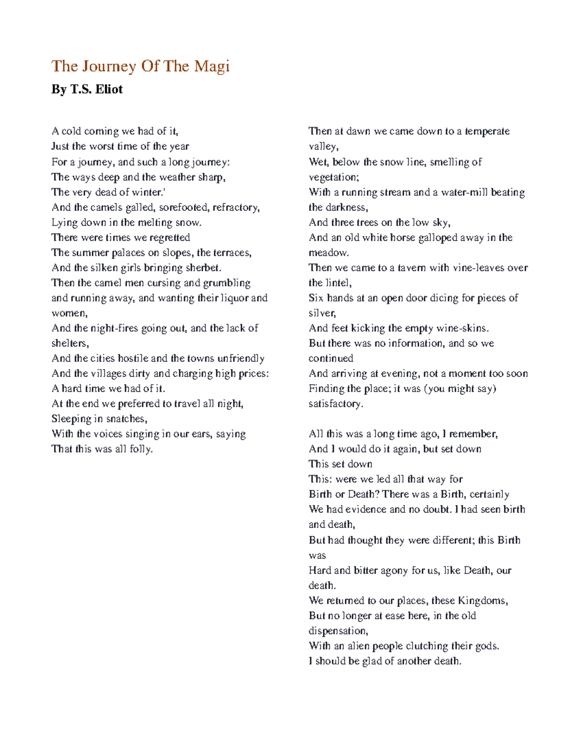 Journey of the Magi Poem Analysis - T.S. Eliot Insights - Studocu