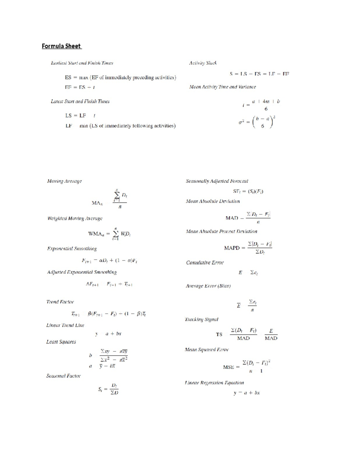 Formula Sheet for OMGT 701: Start/Finish Times & Forecasting Techniques ...