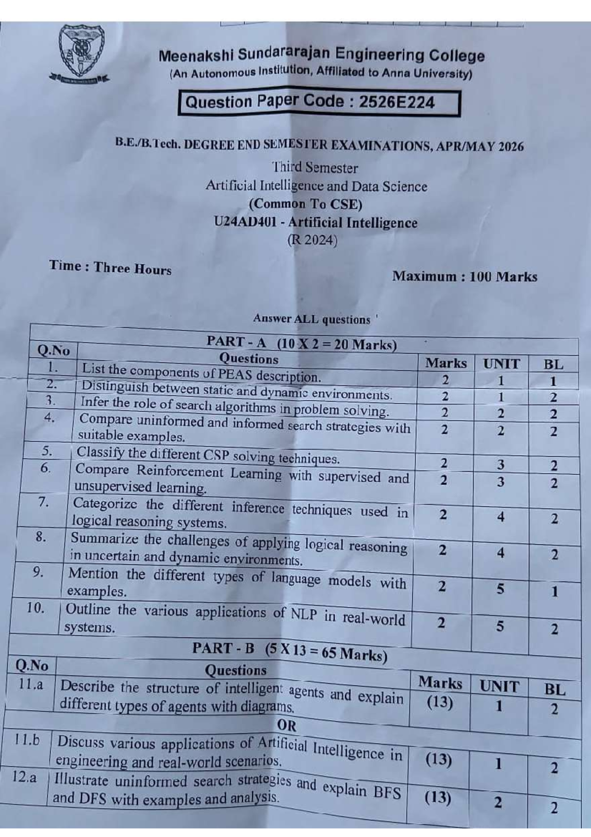 U24AD401 Final Exam Question Paper - AI & Data Science (2026) - Studocu
