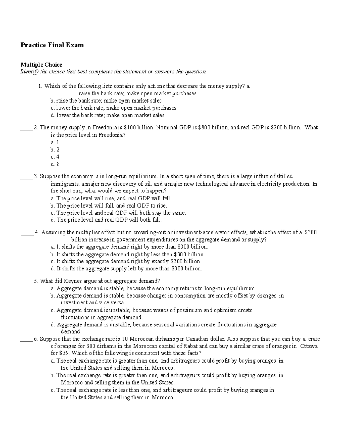 ECN204 Practice Final Exam: Multiple Choice Questions and Answers - Studocu