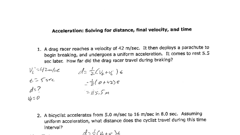 Acceleration: Solving for Distance, Final Velocity, and Time - Studocu