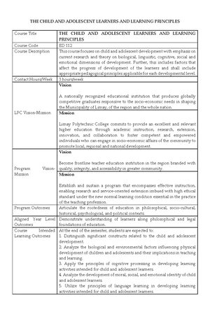 I. Nature and Principles of Development - THE CHILD AND ADOLESCENT LEARNERS AND LEARNING ...