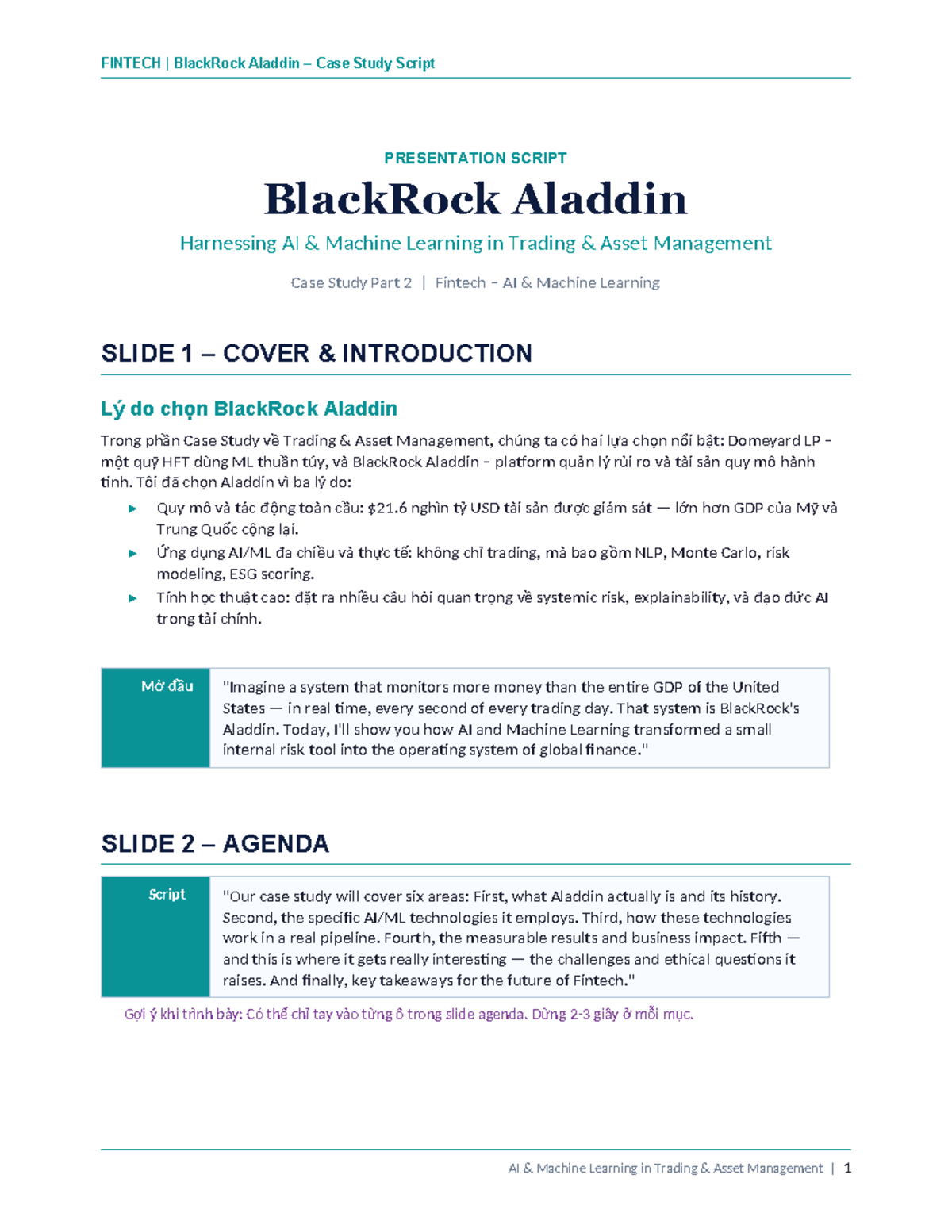 FINTECH BlackRock Aladdin Case Study Presentation Script - Studocu