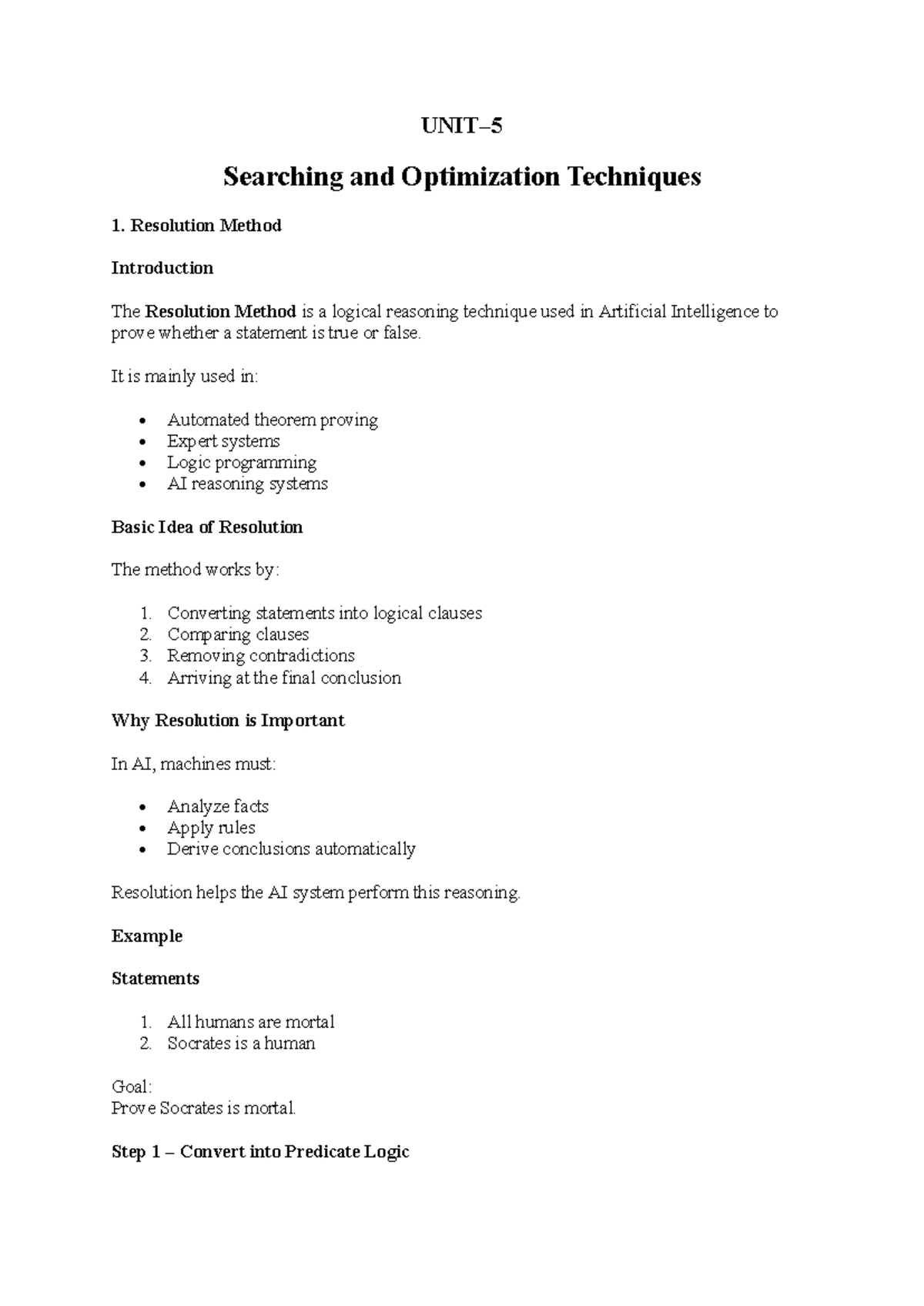 UNIT 5 FAI - Resolution, FOL, SOL, Genetic Algorithms & TSP - Studocu
