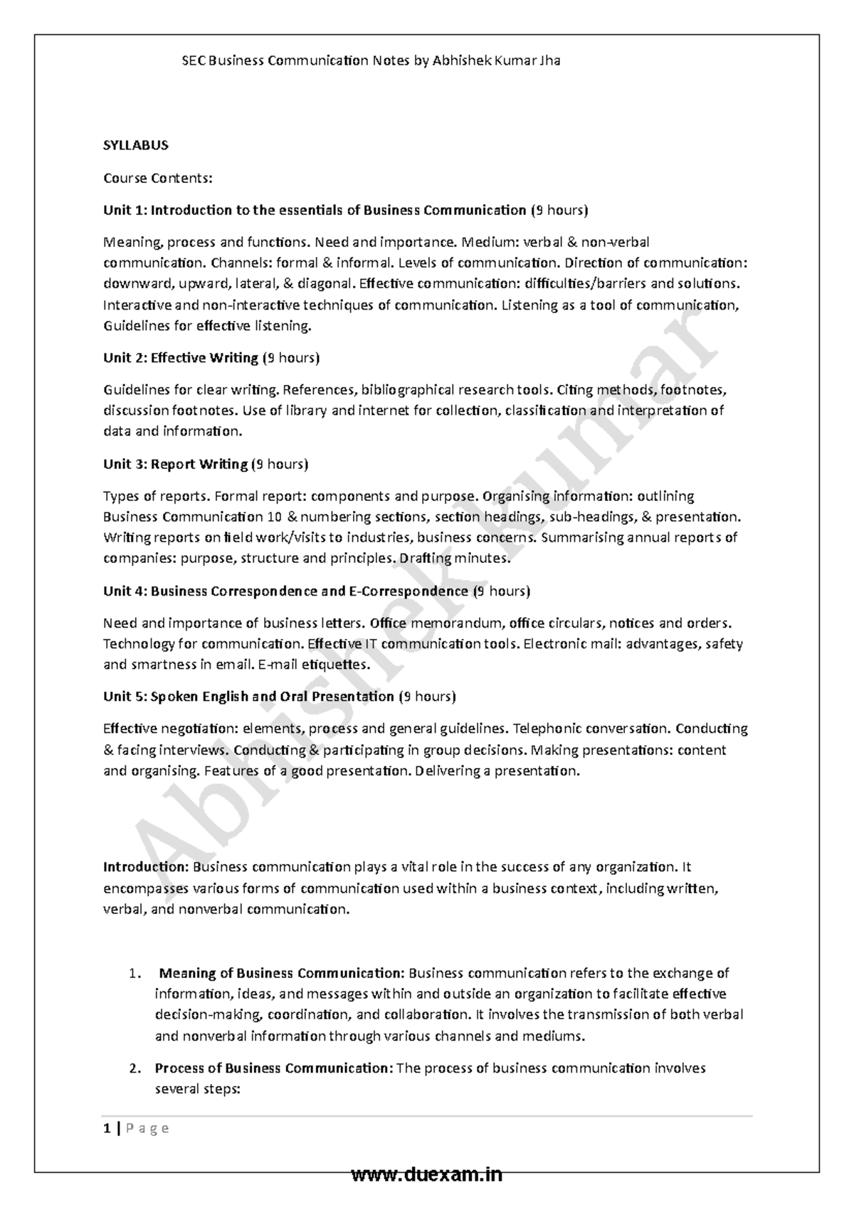 Sec Business Communication Lecture Notes - Essential Concepts & Skills ...