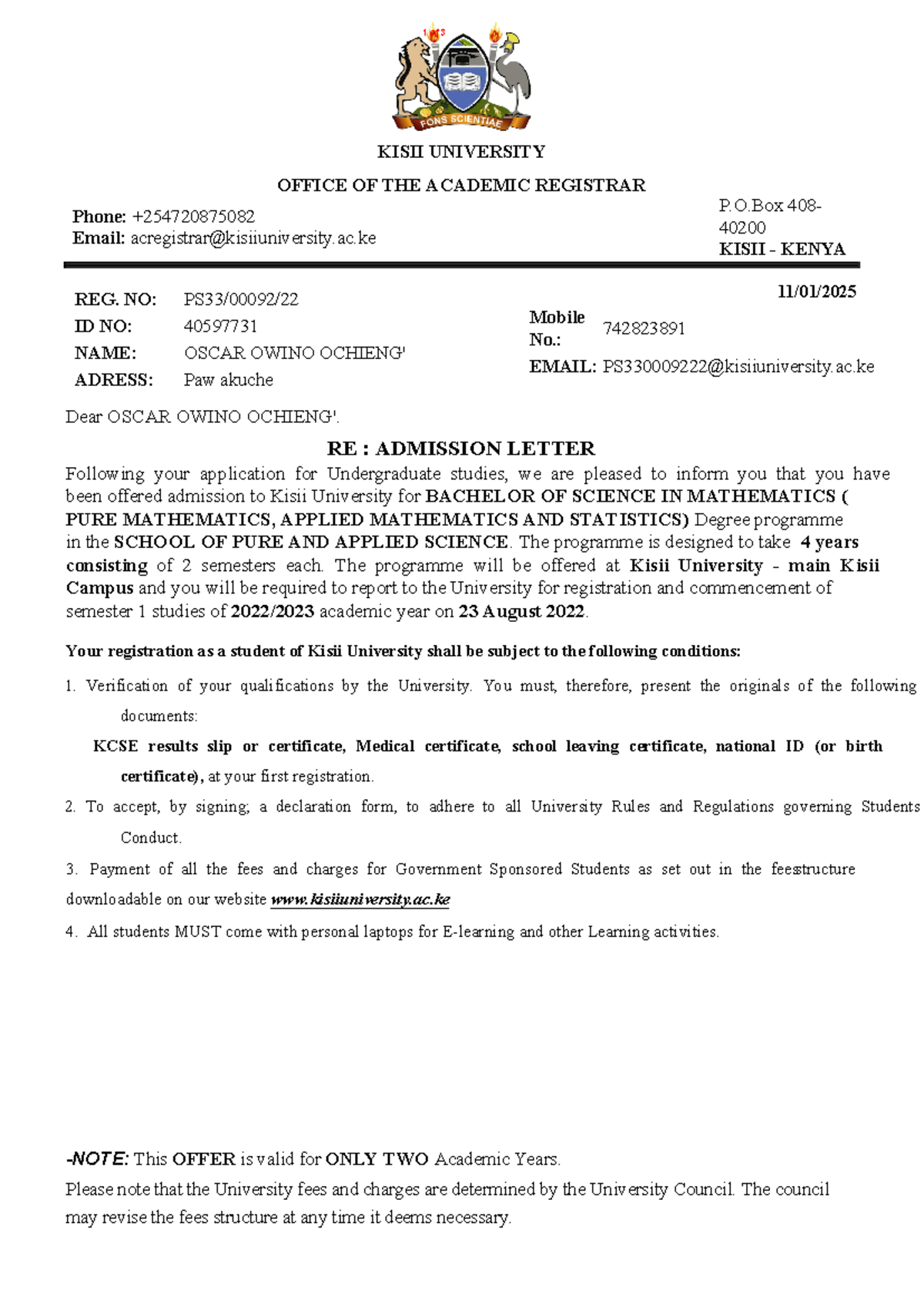 Oscar Owino Ochieng' admission letter - KISII UNIVERSITY OFFICE OF THE ...