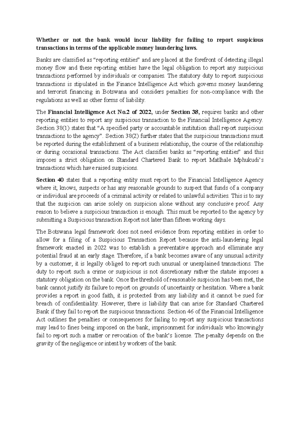 Liability of Banks for Failing to Report Suspicious Transactions: A ...