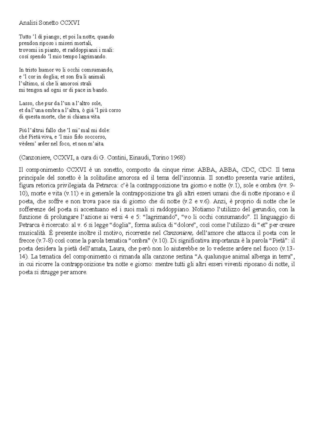 Analisi del Sonetto CCXVI di Petrarca: Temi e Figure Retoriche - Studocu