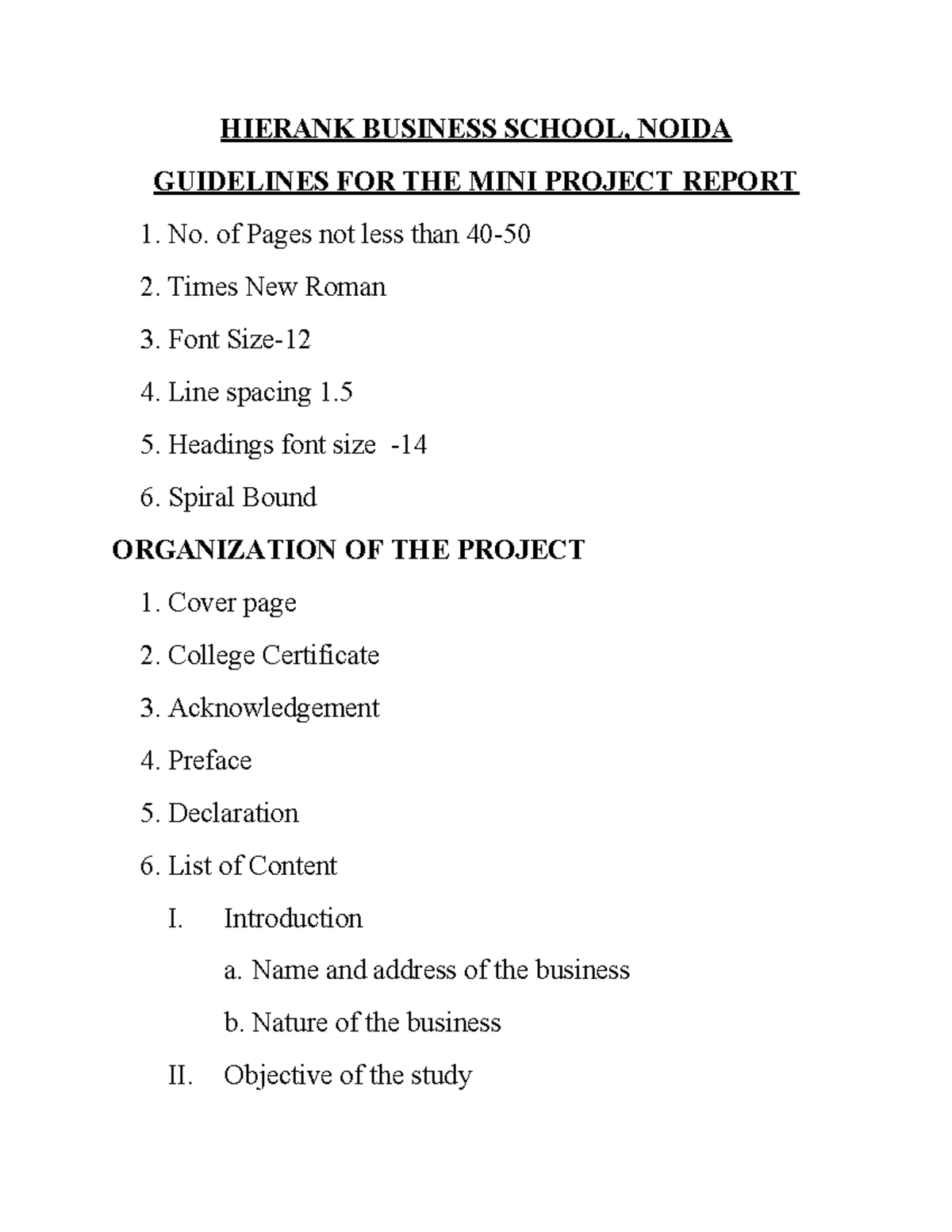 HBS NOIDA Mini Project Report Guidelines and Organization Structure - Studocu