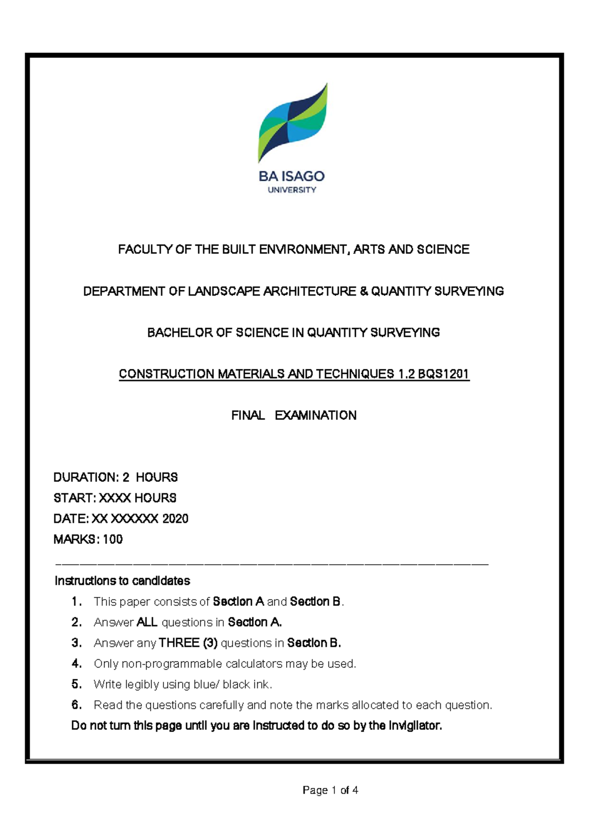 2020-BQS1201 Final Exam: Construction Materials & Techniques - Studocu