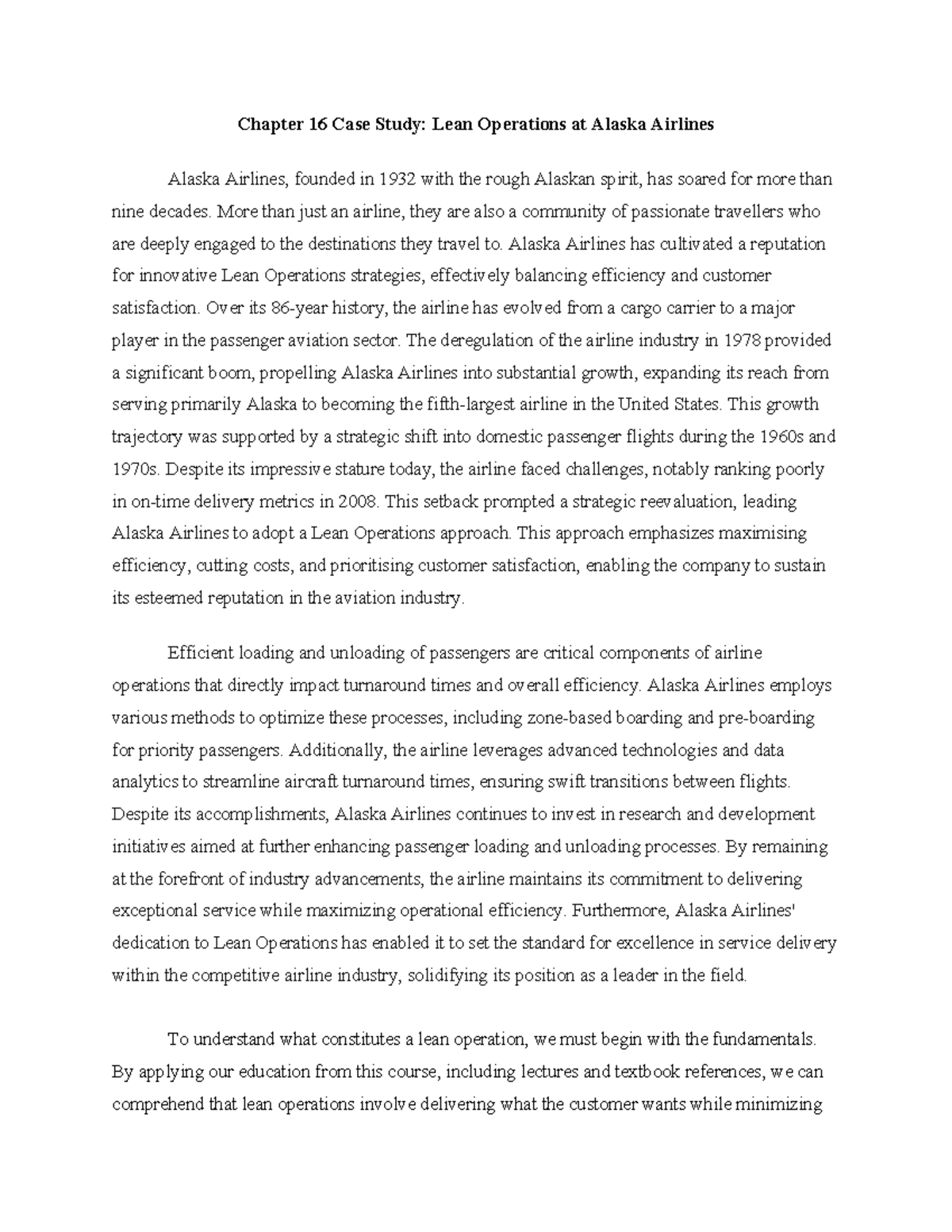 Final Group Report: Lean Operations Case Study on Alaska Airlines - Studocu
