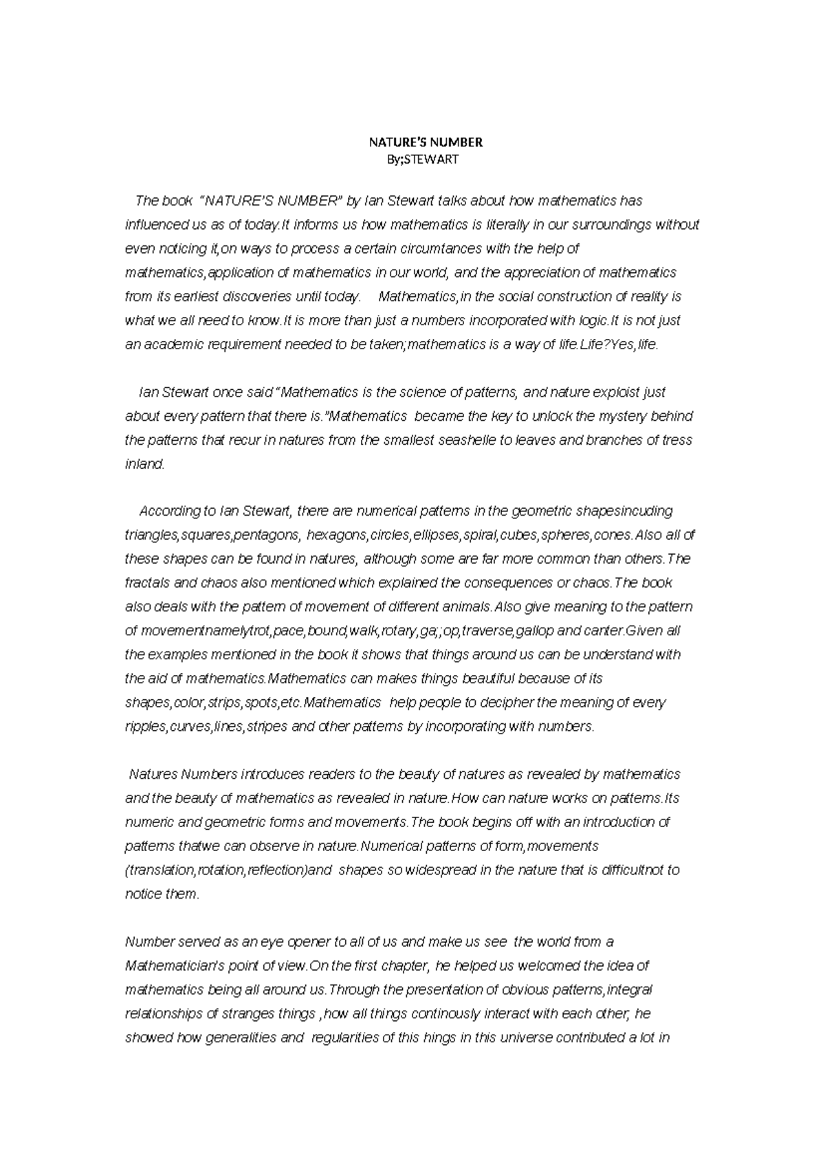 Synthesis - none - NATURE’S NUMBER By;STEWART The book “NATURE’S NUMBER ...