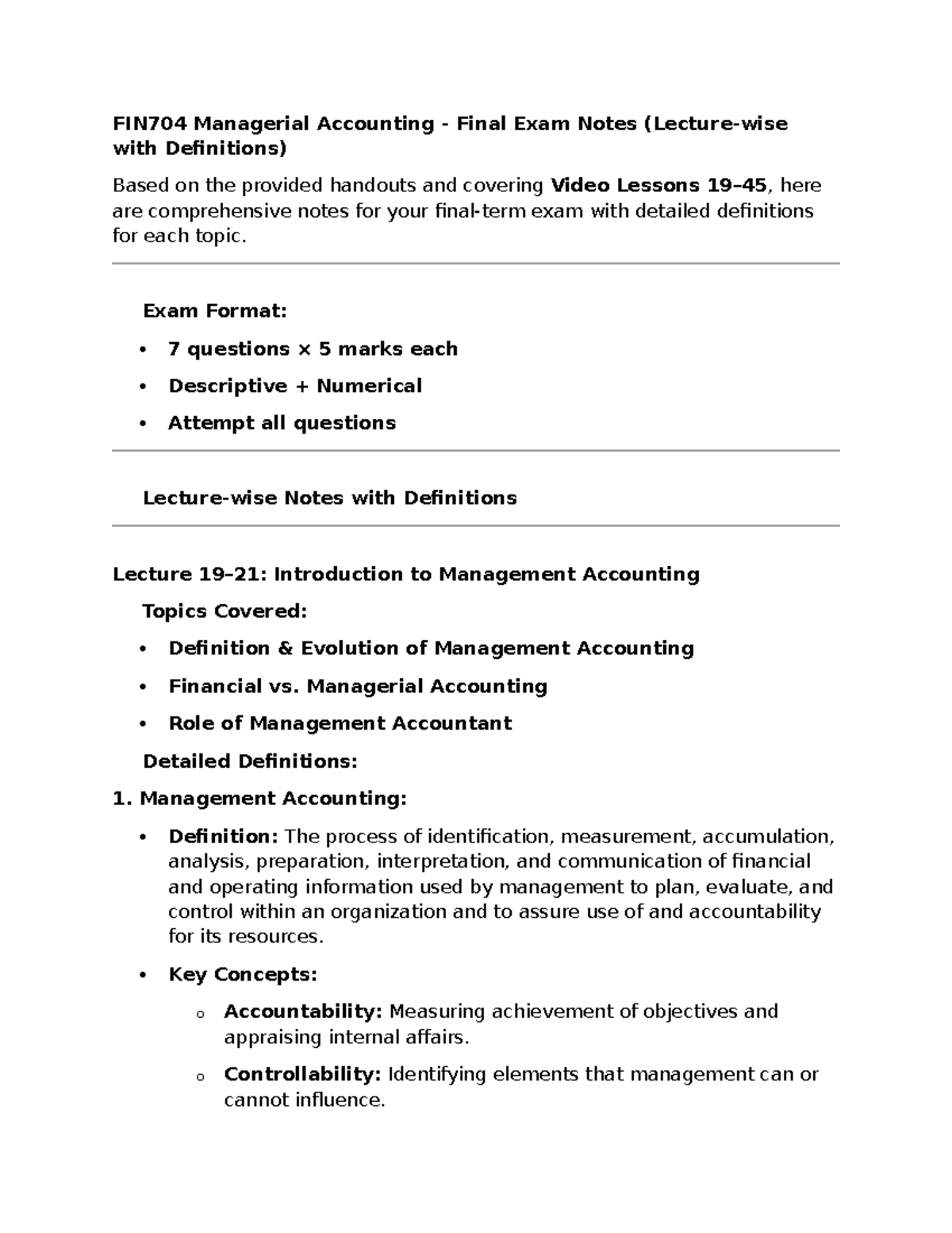 FIN704 Managerial Accounting Final Exam Study Notes & Definitions - Studocu