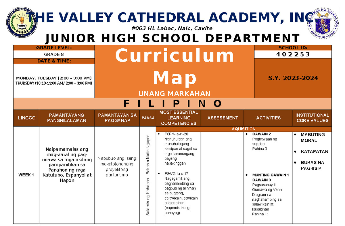Q1-CM-Filipino 8 - Curriculum Map Quarter 1 for Grade 8 Students - THE ...