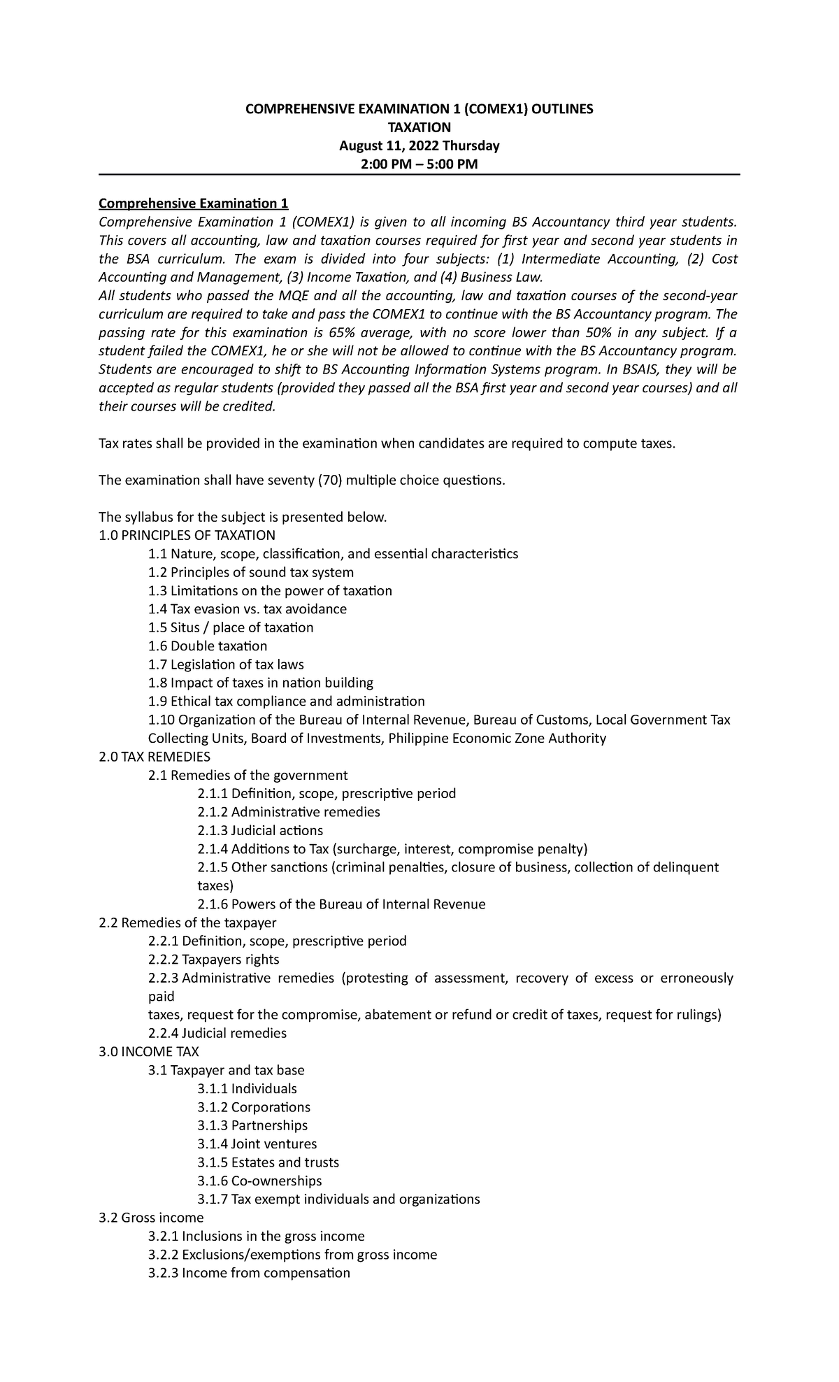 Comprehensive Examination 1 (COMEX1) Taxation Overview and Guidelines ...
