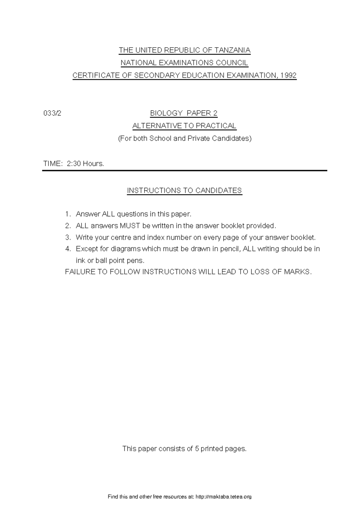 Biology 2 - 1992 Alternative Practical Exam Questions for Students ...