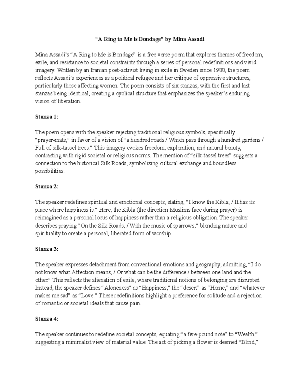 ENG 101: Analysis of "Ring to Me" by Mina Assadi - Poem Notes - Studocu