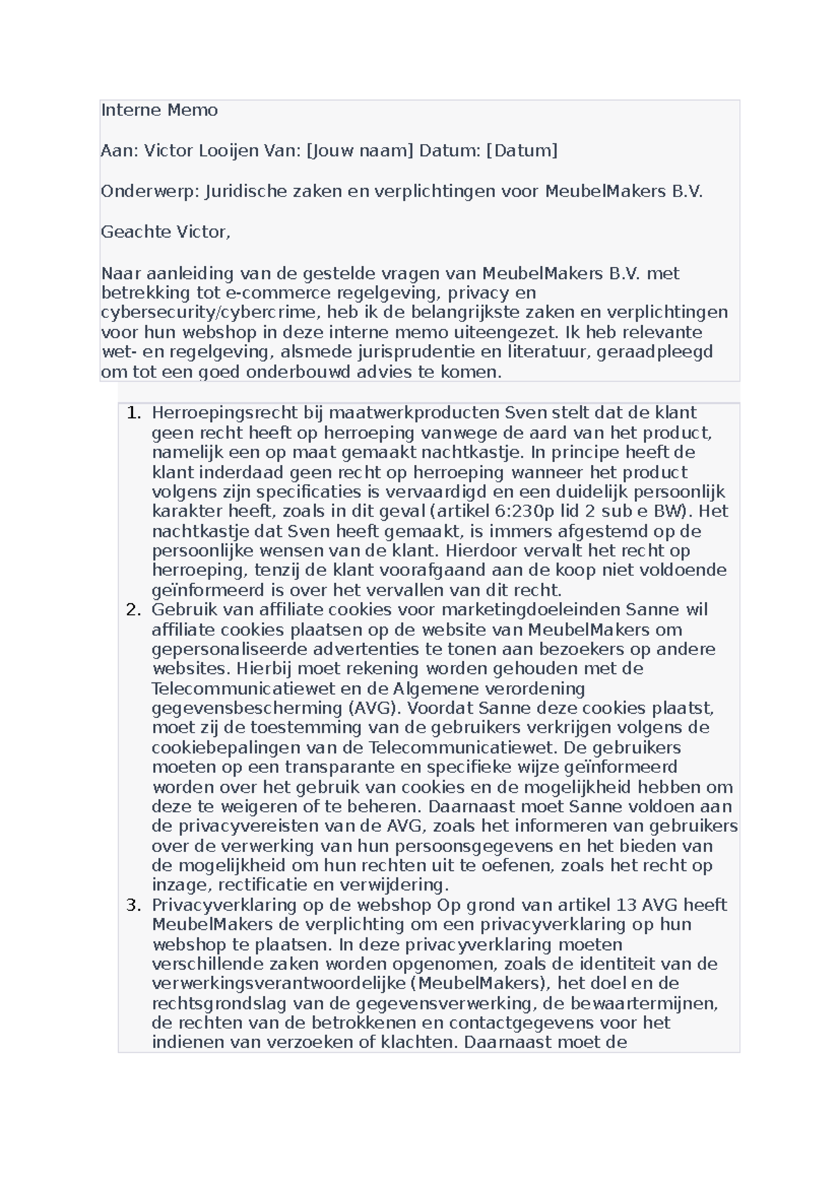 Interne Memo: Juridische Vereisten voor MeubelMakers B.V. - Studeersnel