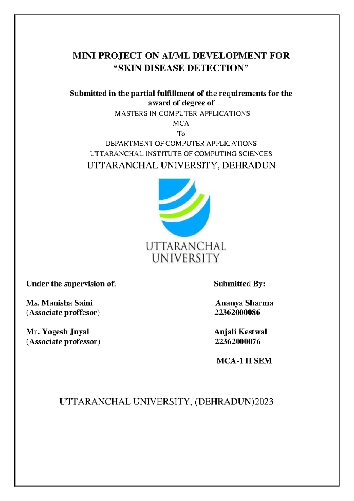 MCA II SEM Mini Project on Skin Disease Detection and Analysis - Studocu
