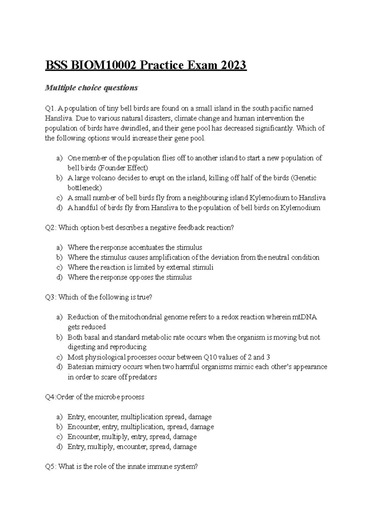 BSS BIOM10002 Practice Exam Questions & Answers (2023) - Studocu