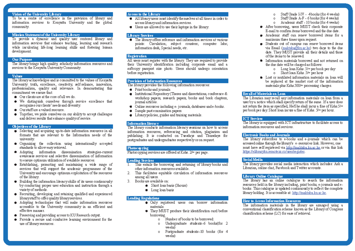Kenyatta University Library Brochure 2022: Vision, Mission & Services ...