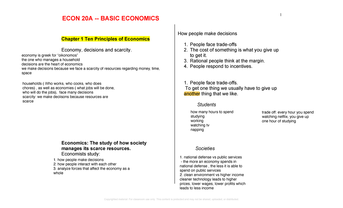 ECON 20A Lecture Notes: Decision-Making Principles in Economics - Studocu