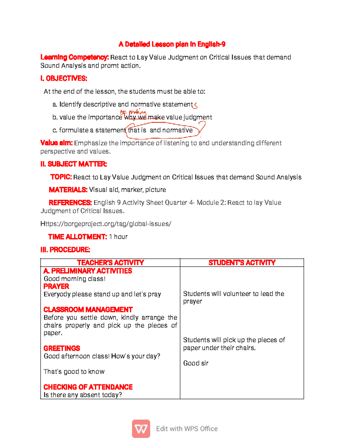 English 9: Lesson Plan on Value Judgments and Critical Issues - Studocu