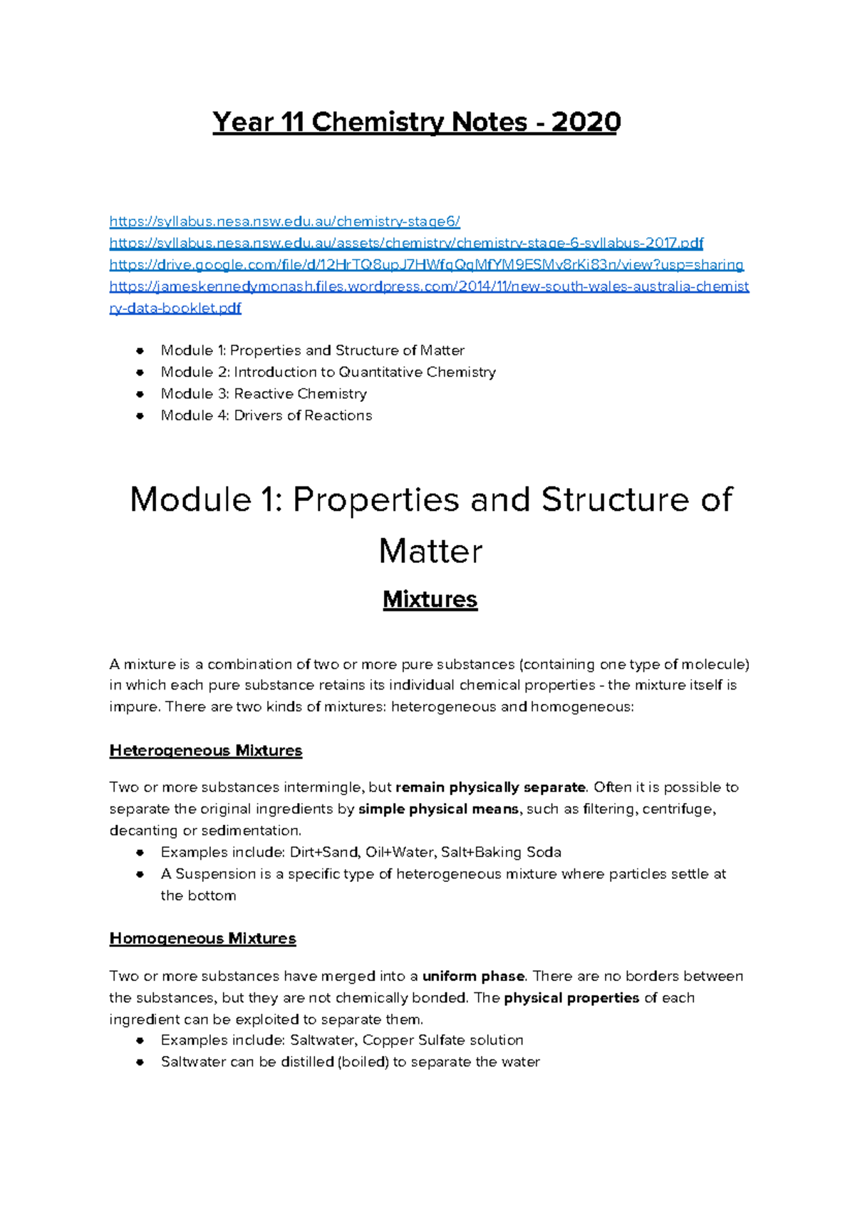 Year 11 Chemistry - Modules 1-4 Updated to 2020 - Year 11 Chemistry ...