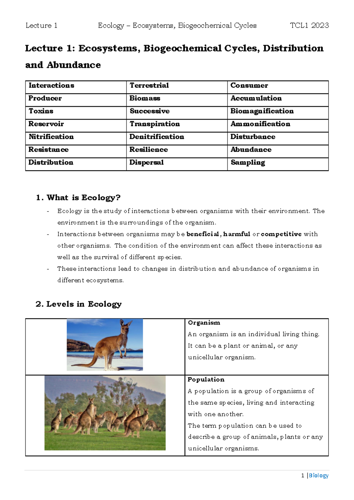 TCL1 2023 Lecture 1: Ecology, Ecosystems & Biogeochemical Cycles - Studocu